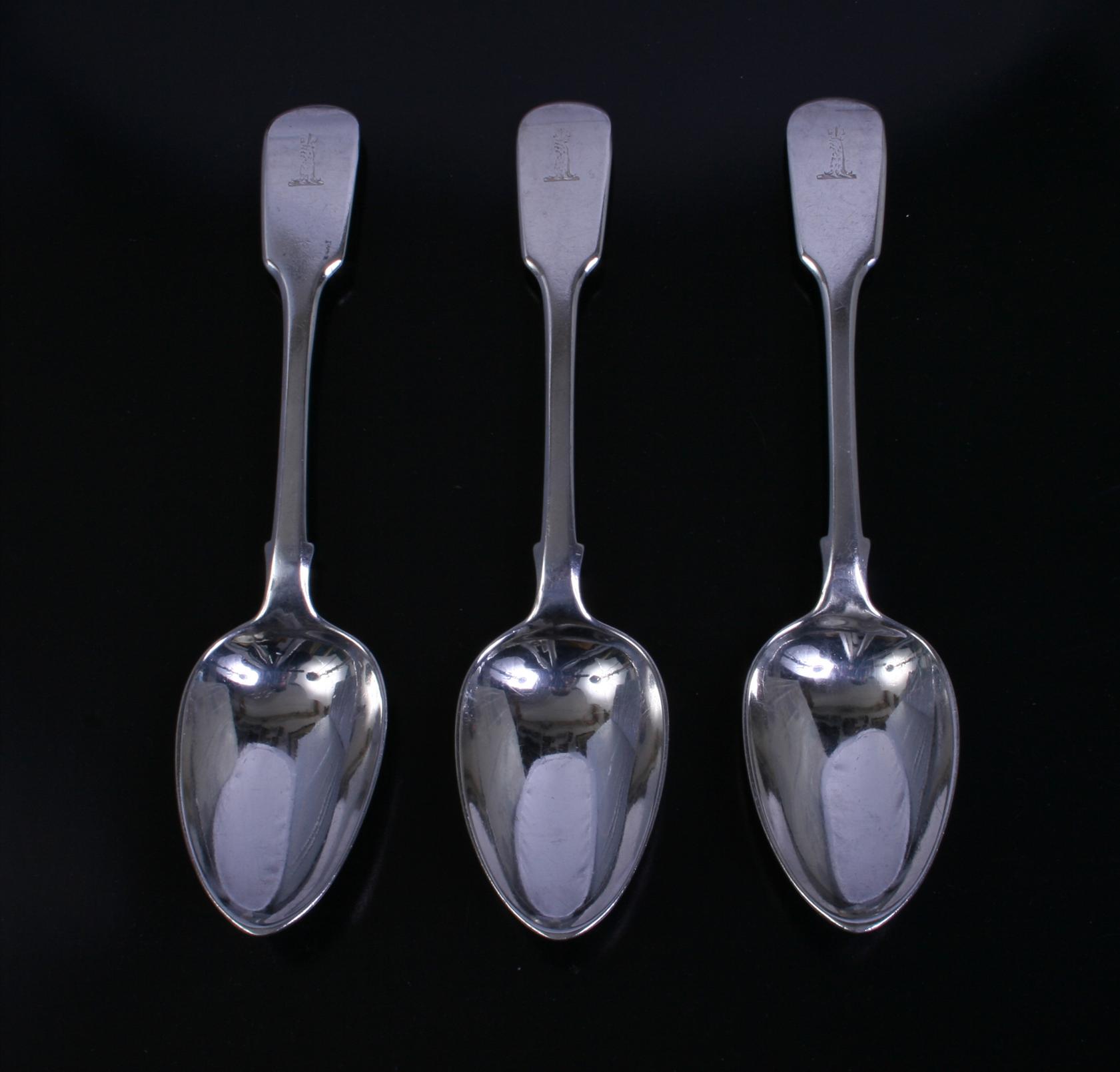 Three William IV fiddle pattern sterling silver dessert spoons ...