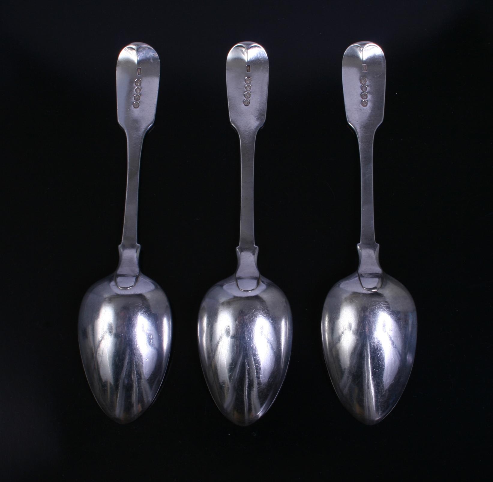 Three William IV fiddle pattern sterling silver dessert spoons ...