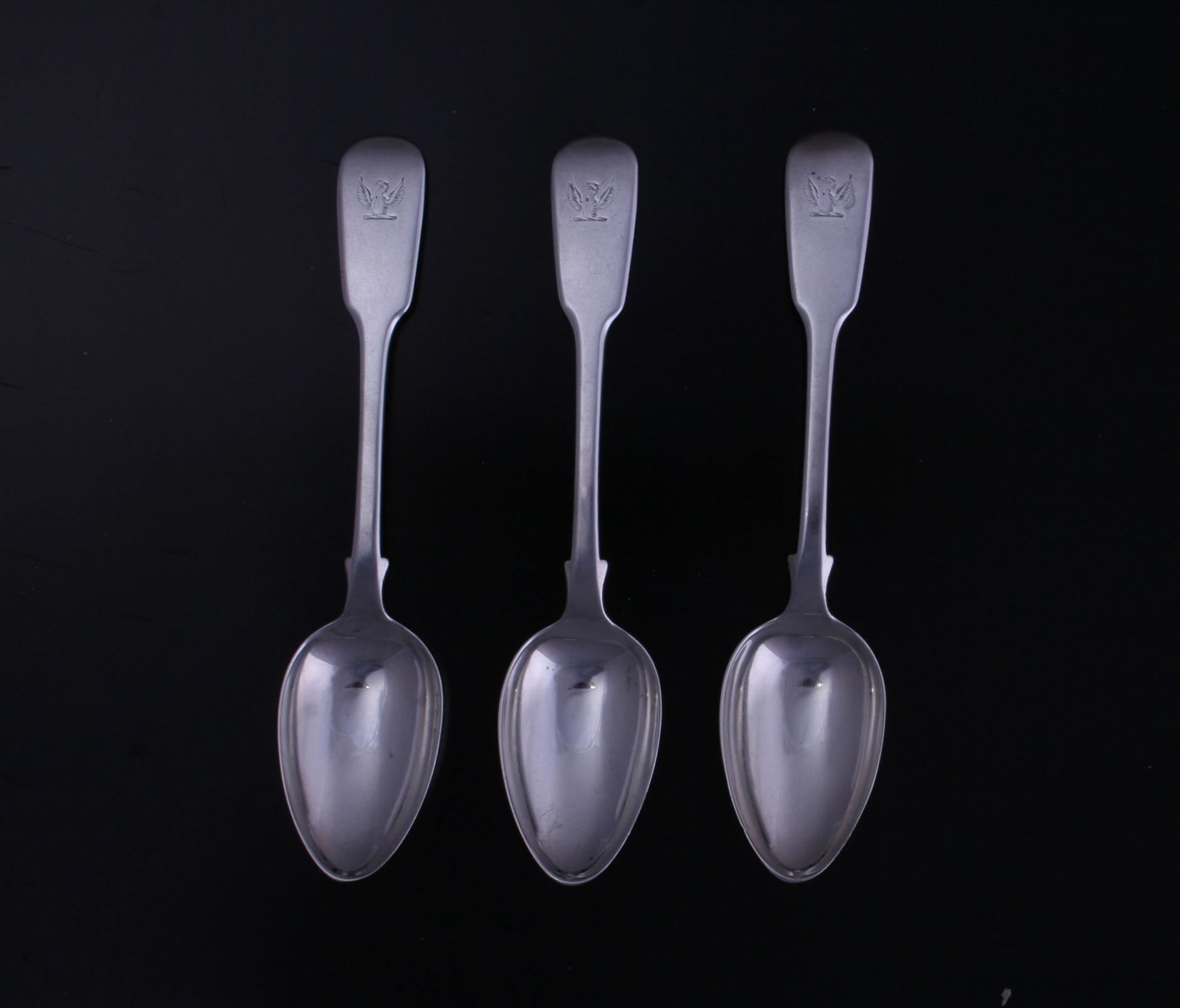 Three William IV fiddle pattern sterling silver dessert spoons ...