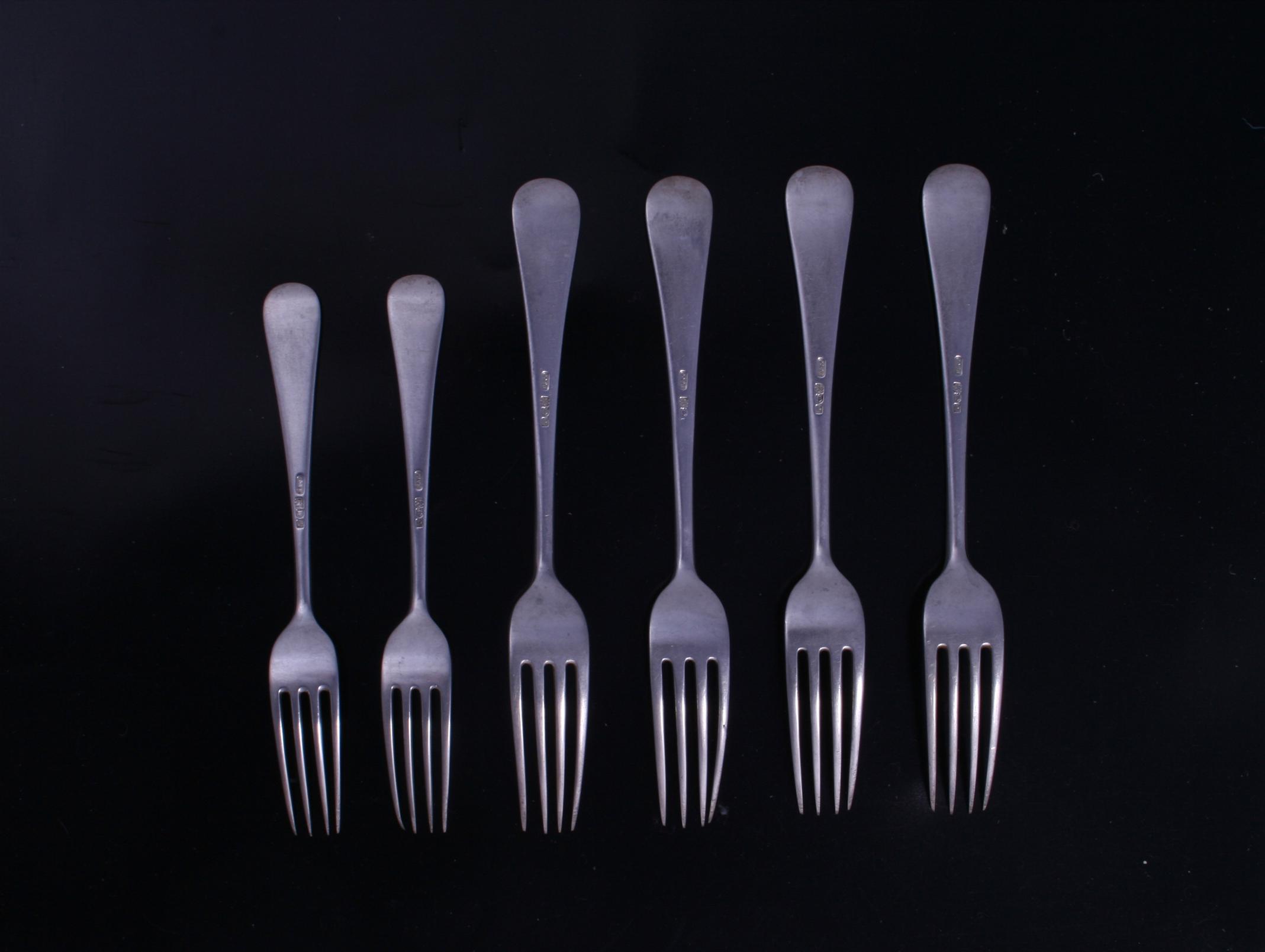 Six Edwardian Old English pattern sterling silver forks ...