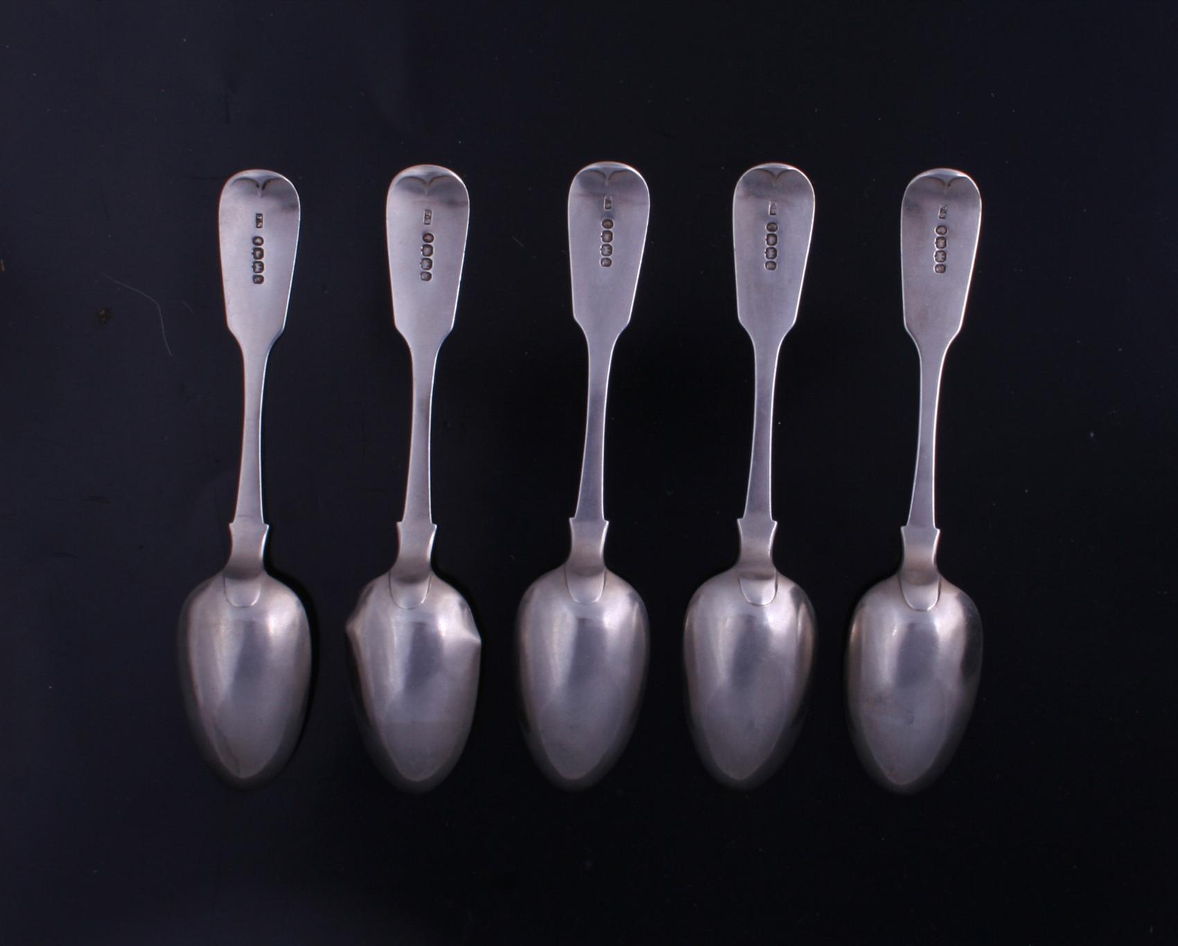 A set of five Victorian fiddle pattern sterling silver dessert spoons ...