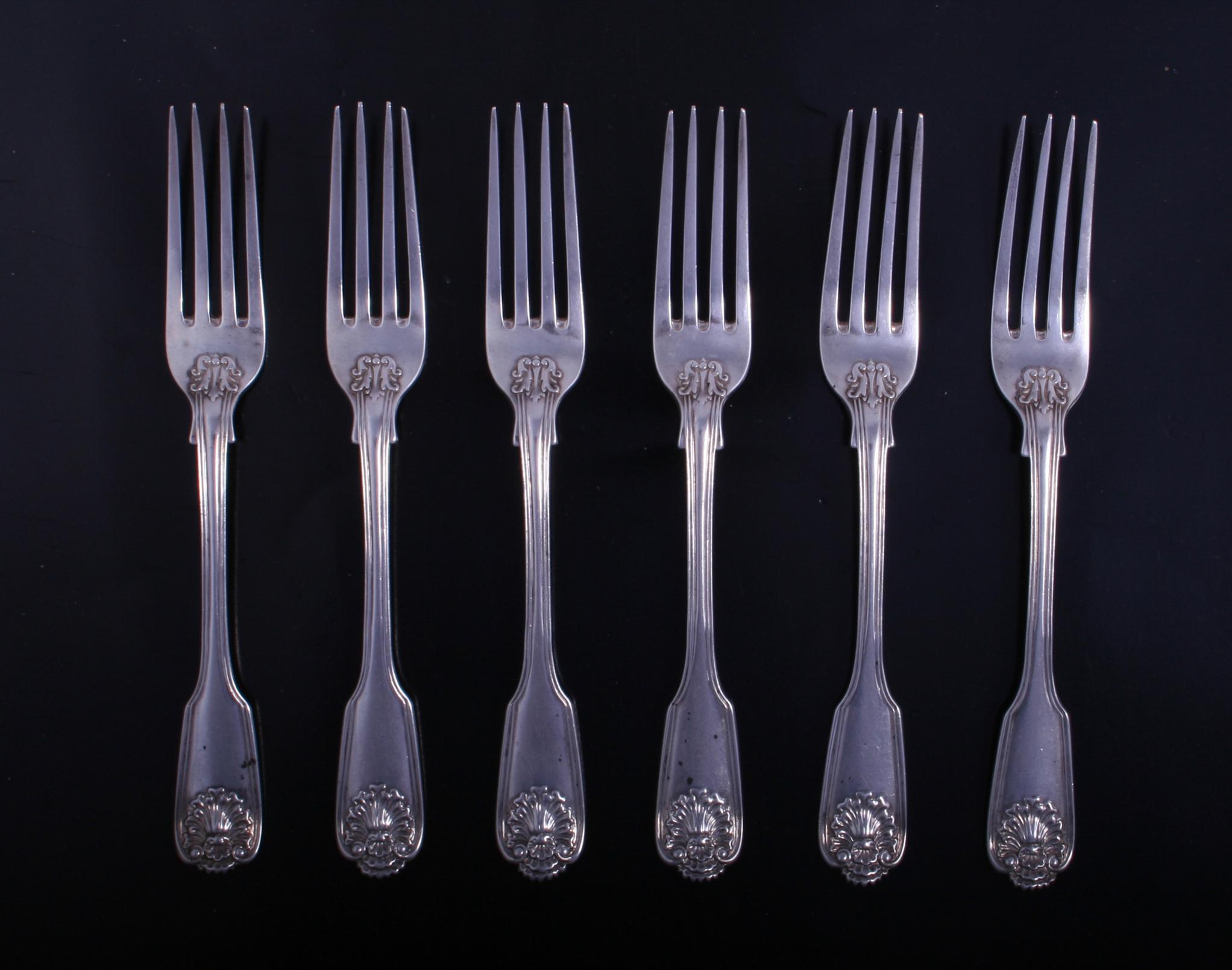 Six Victorian fiddle, thread and shell pattern sterling silver forks ...