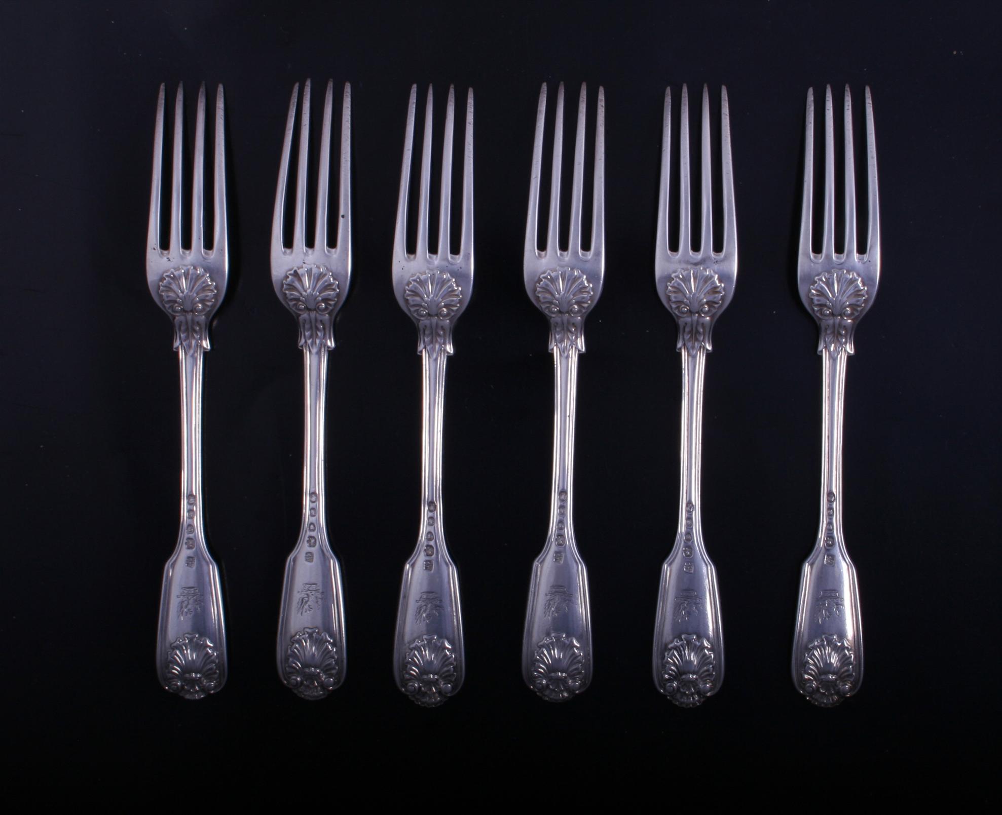 Six Victorian fiddle, thread and shell pattern sterling silver forks ...