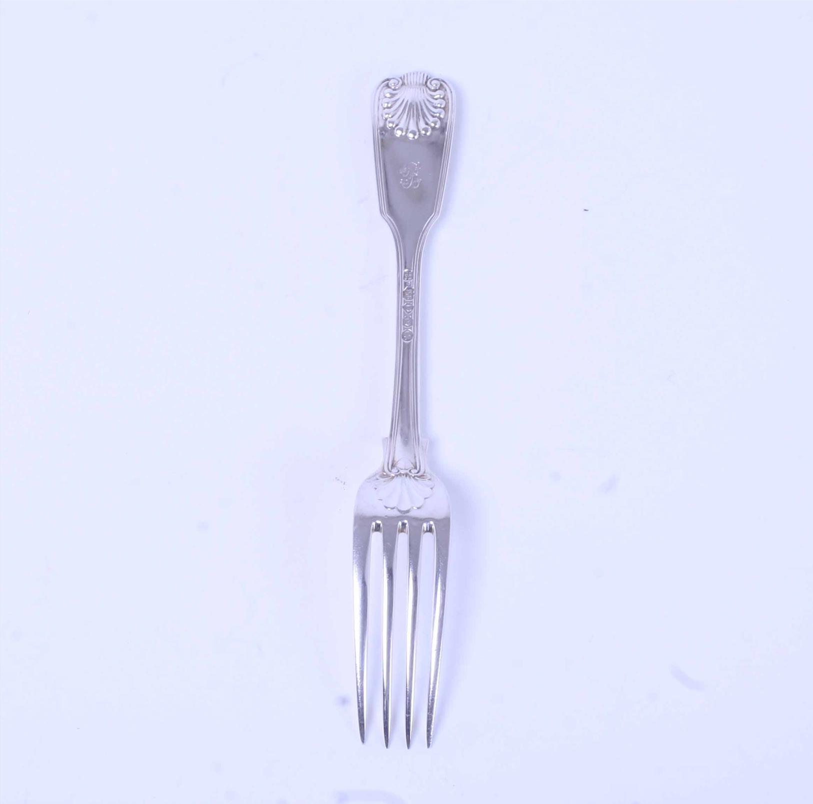 A Victorian sterling silver fiddle, thread and shell pattern table fork ...