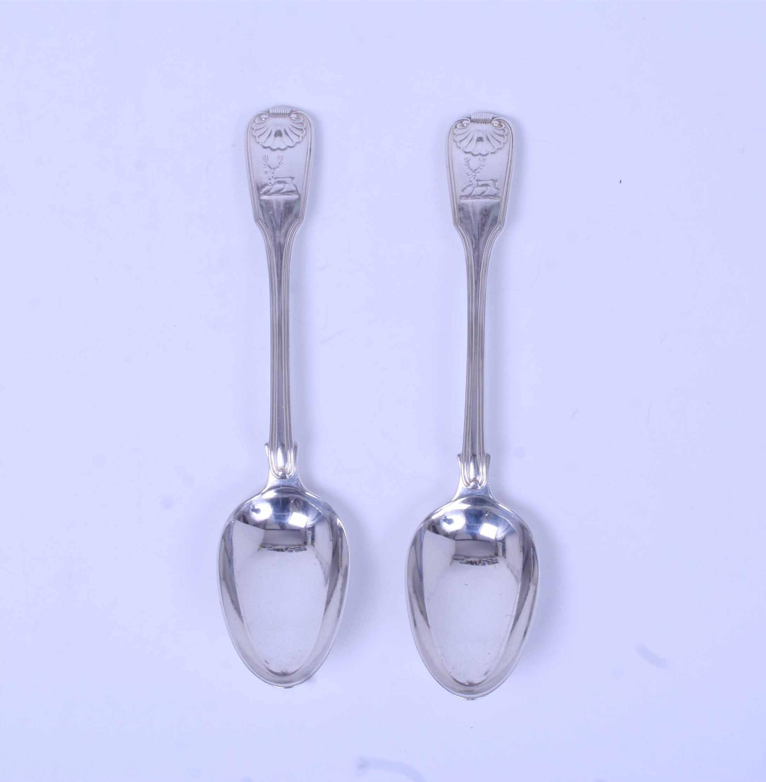 A pair of George IV sterling silver fiddle, thread and shell pattern ...