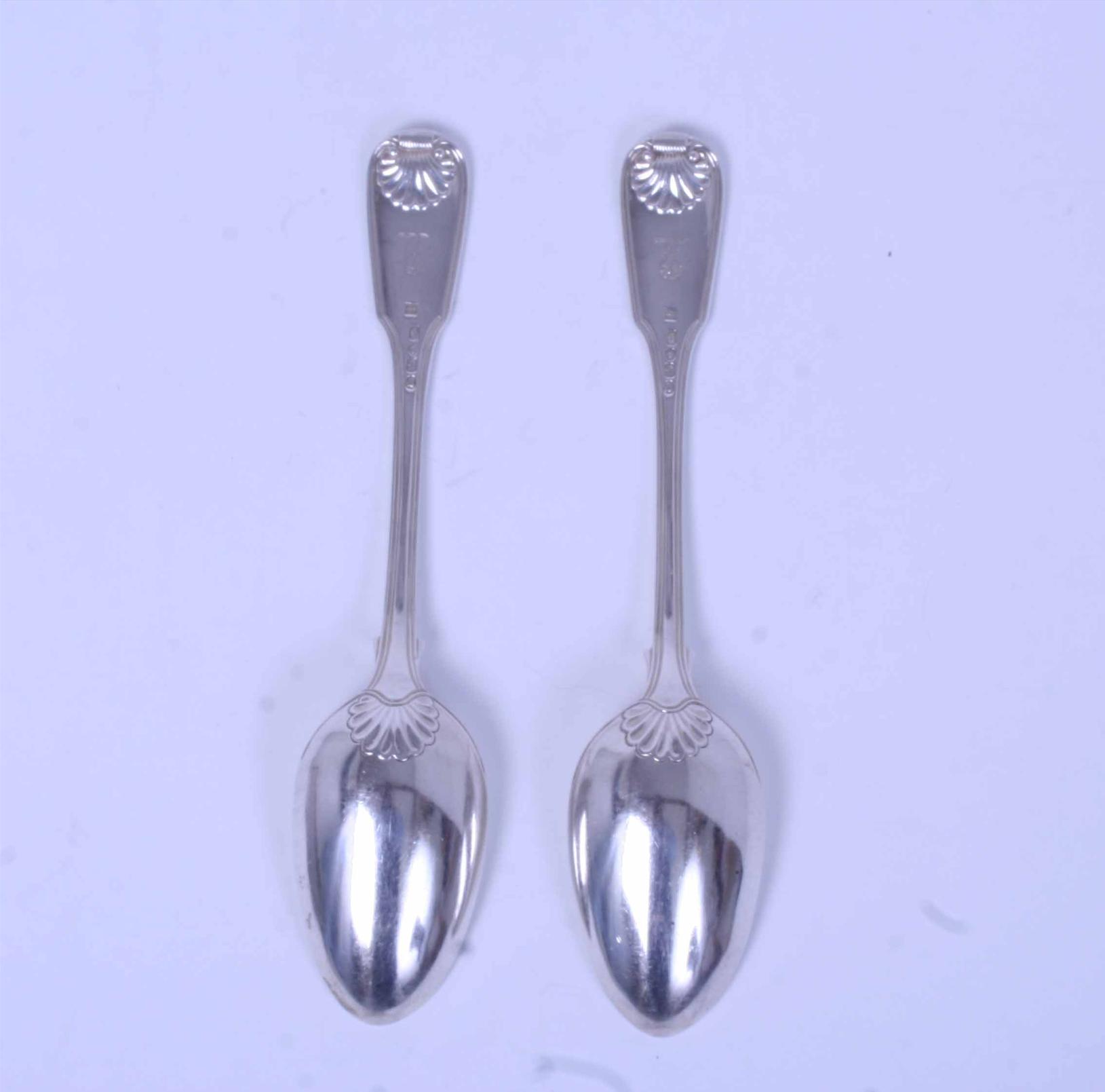 A pair of George IV sterling silver fiddle, thread and shell pattern ...