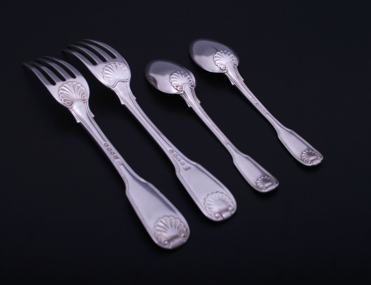 Matched set of George III fiddle, thread and shell sterling silver ...