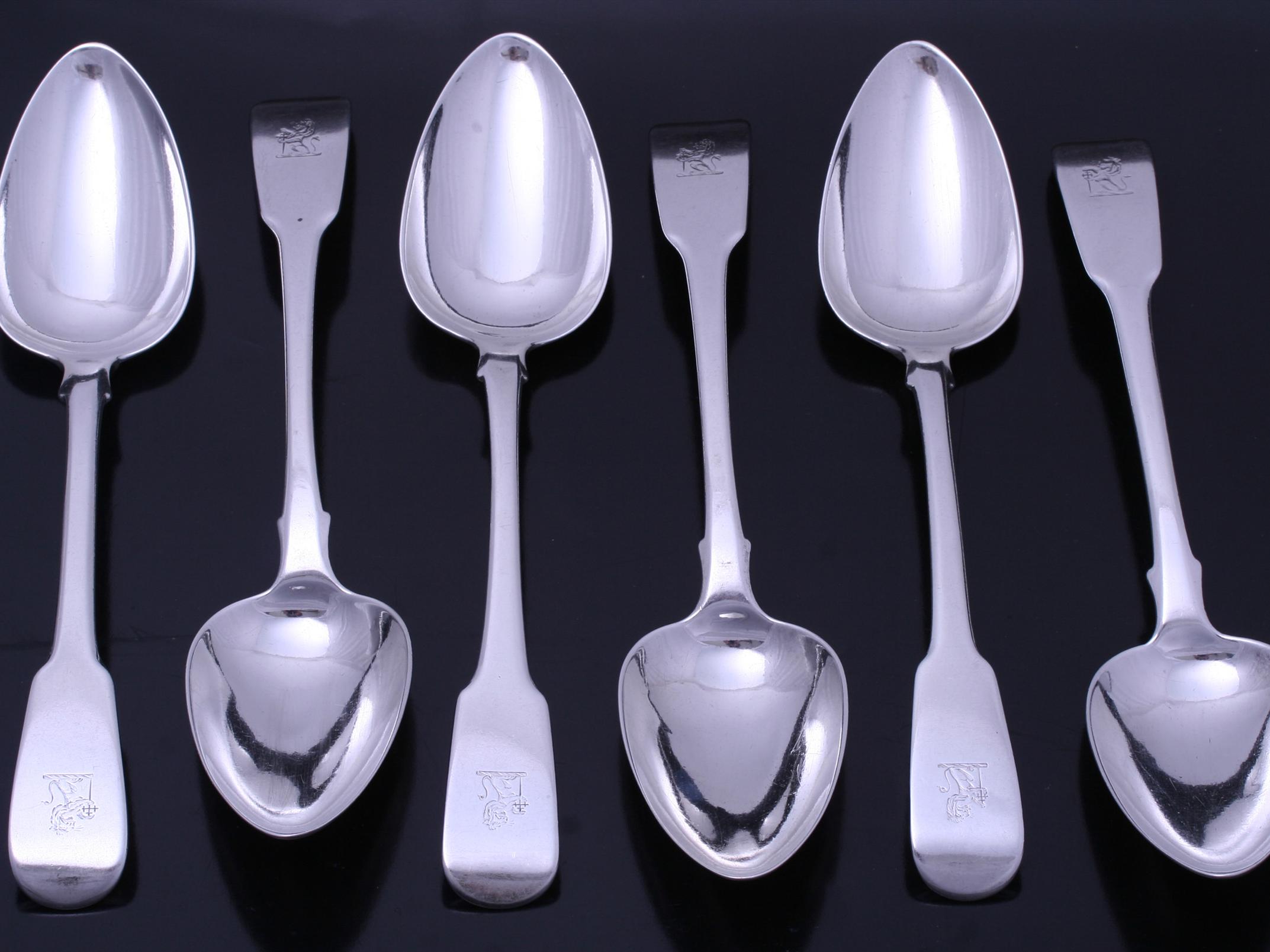Set of six George III sterling silver fiddle pattern table spoons ...
