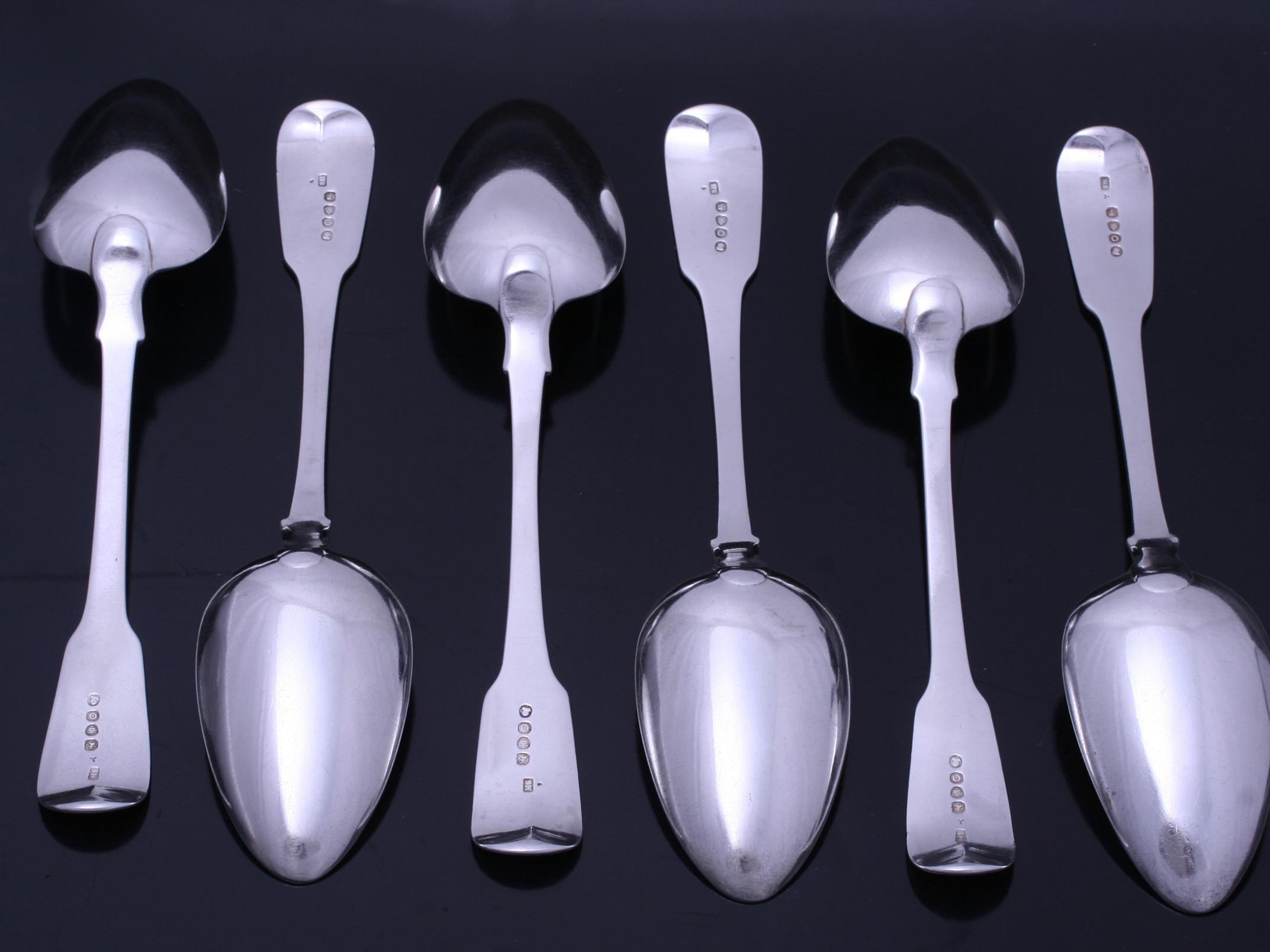 Set of six George III sterling silver fiddle pattern table spoons ...