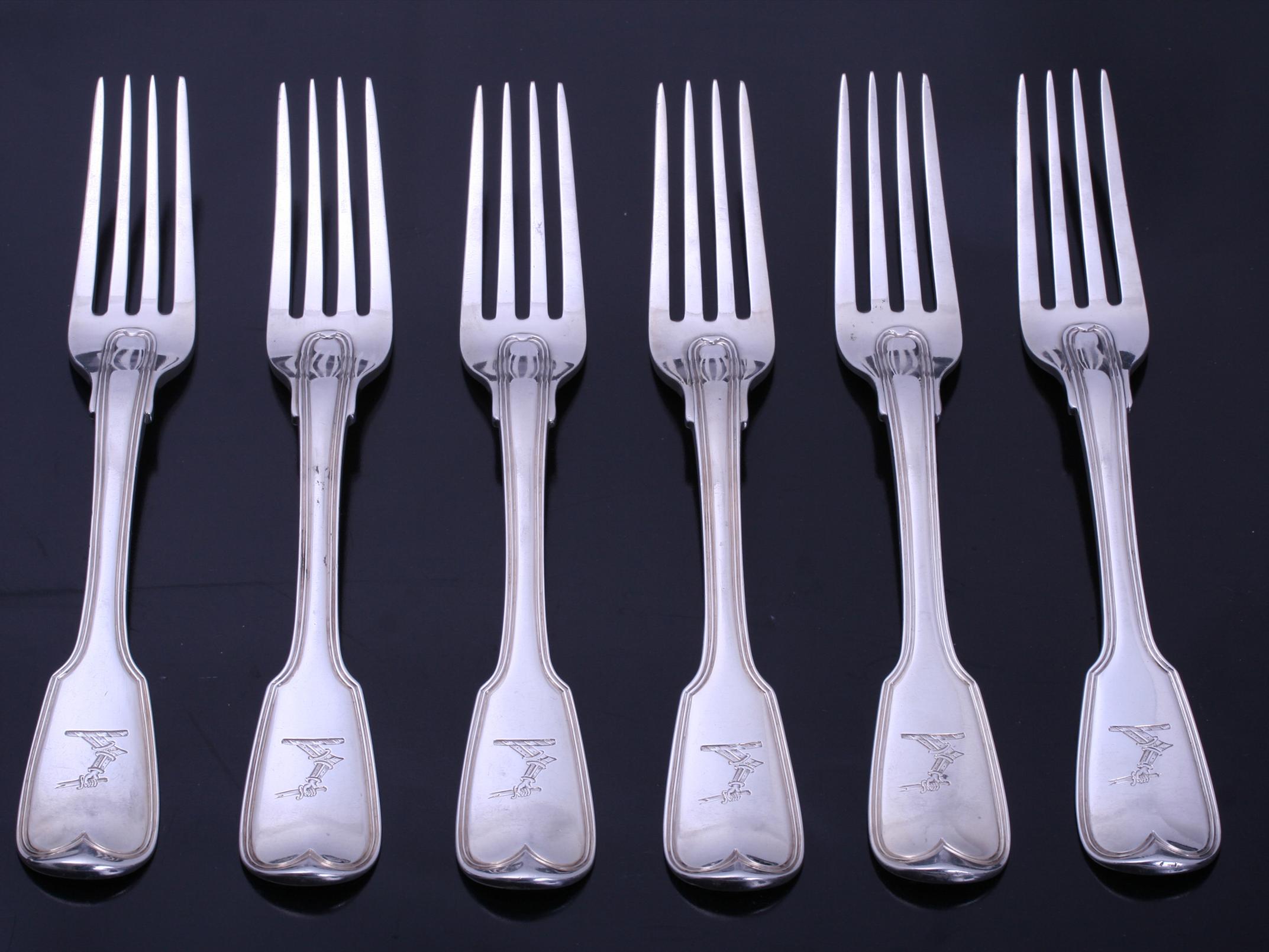 Set of six Regency fiddle and thread pattern sterling silver table ...