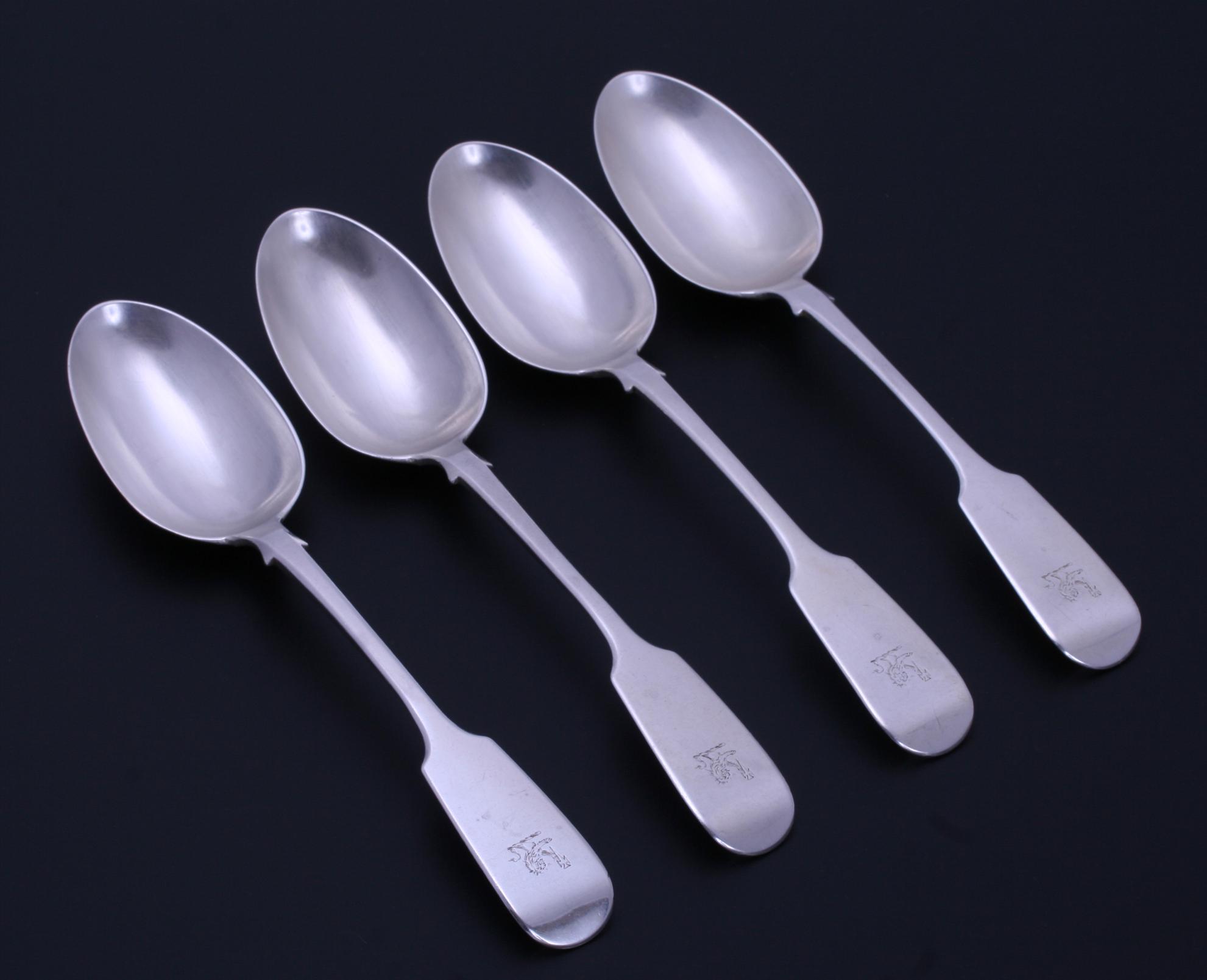 Set of four Victorian sterling silver fiddle pattern table spoons ...
