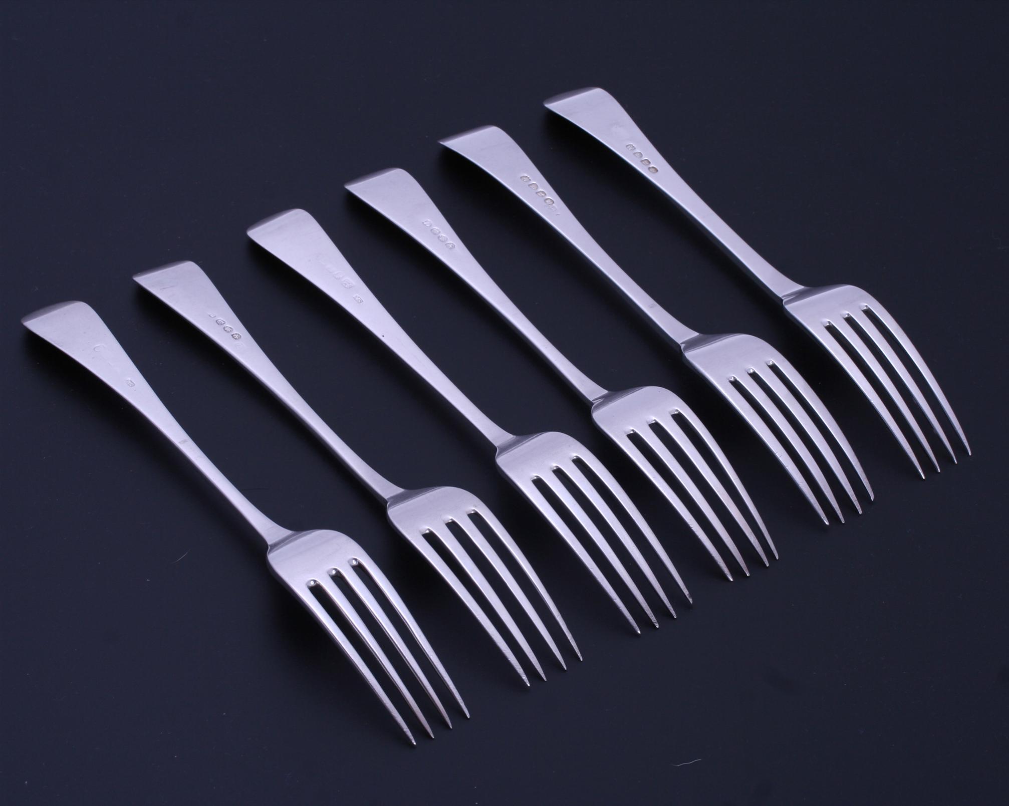 A set of six Regency Old English bead edge pattern sterling silver table forks : MyFamilySilver.com