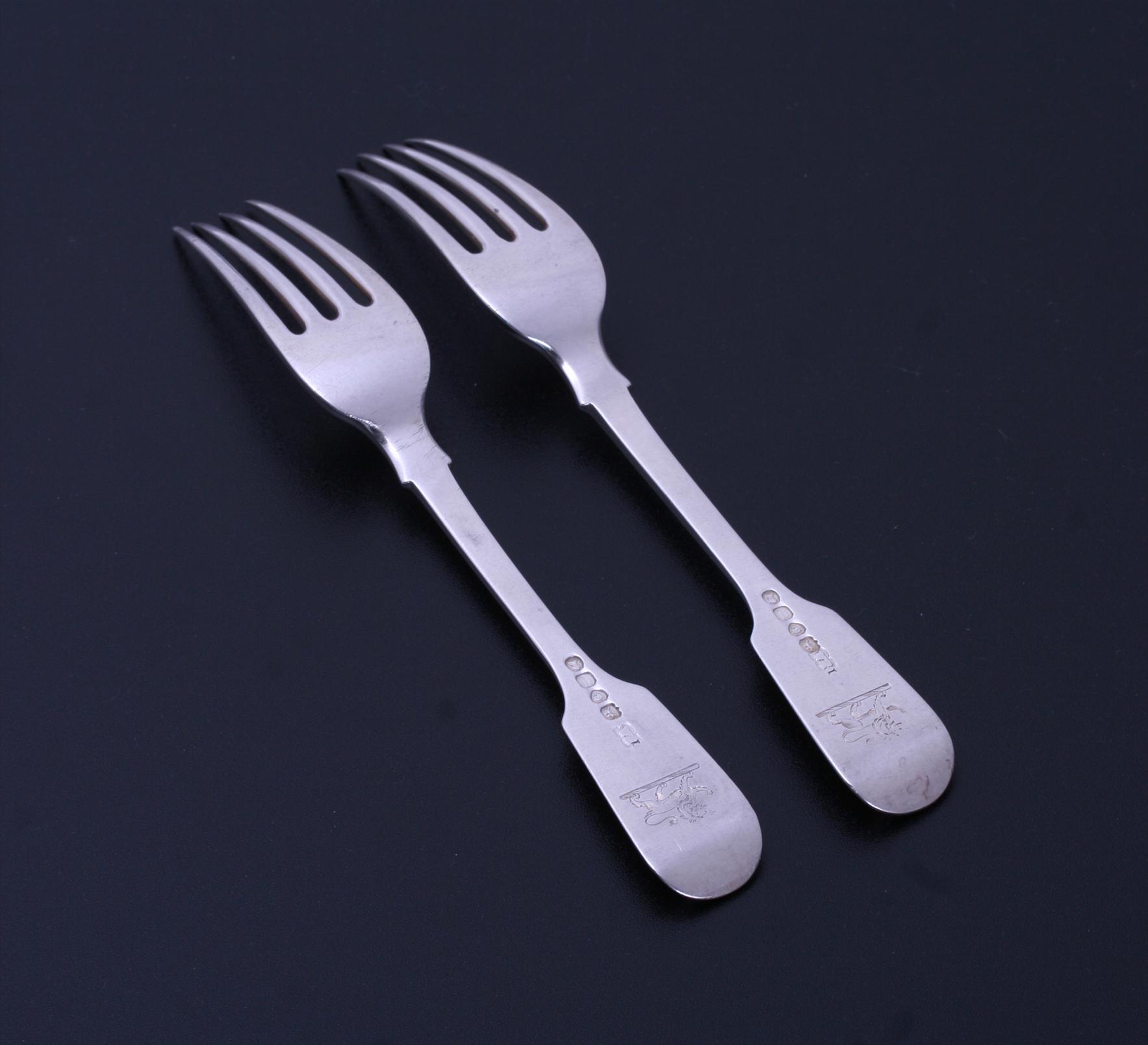 Pair of William IV sterling silver fiddle pattern dessert forks ...