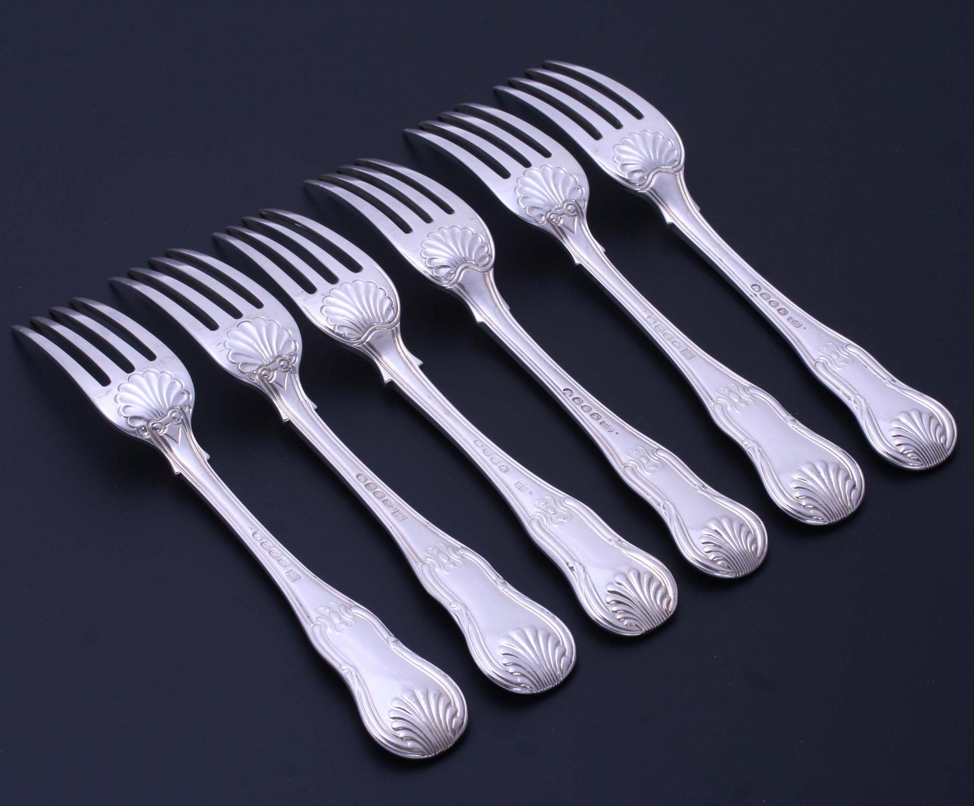 A matched set of six George III antique sterling silver table forks ...