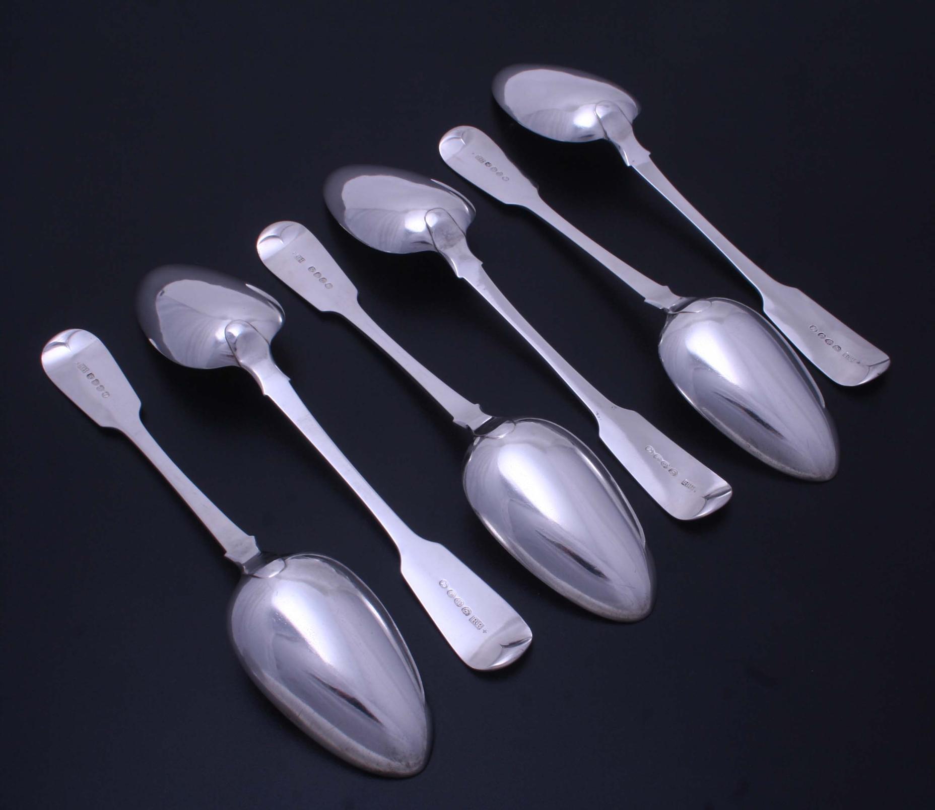 Set of six George III fiddle pattern sterling silver table spoons ...