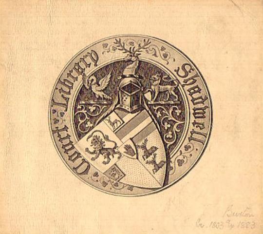 A framed 19th century armorial bookplate for Shadwell Court ...