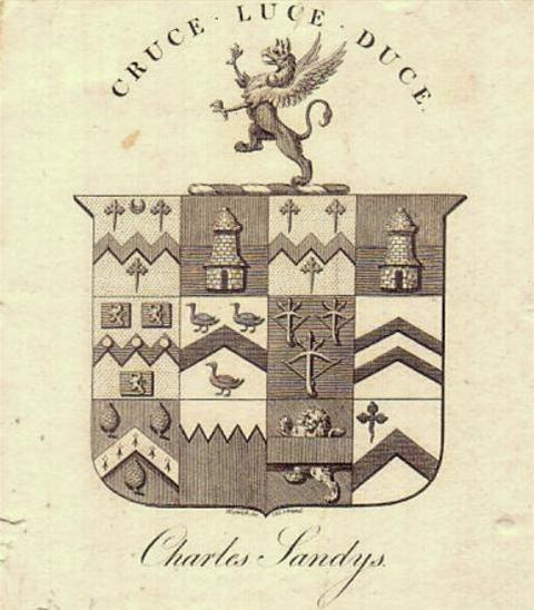 A framed early 19th Century armorial bookplate for Sandys ...