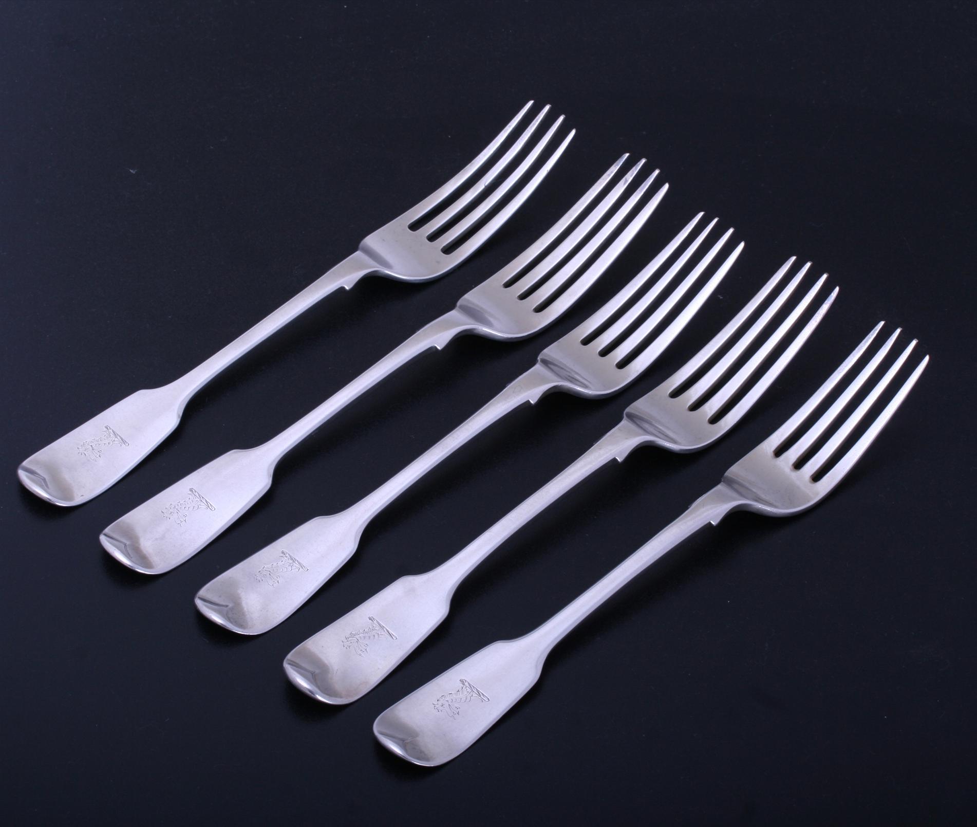 Matched set of five sterling silver fiddle pattern table forks ...