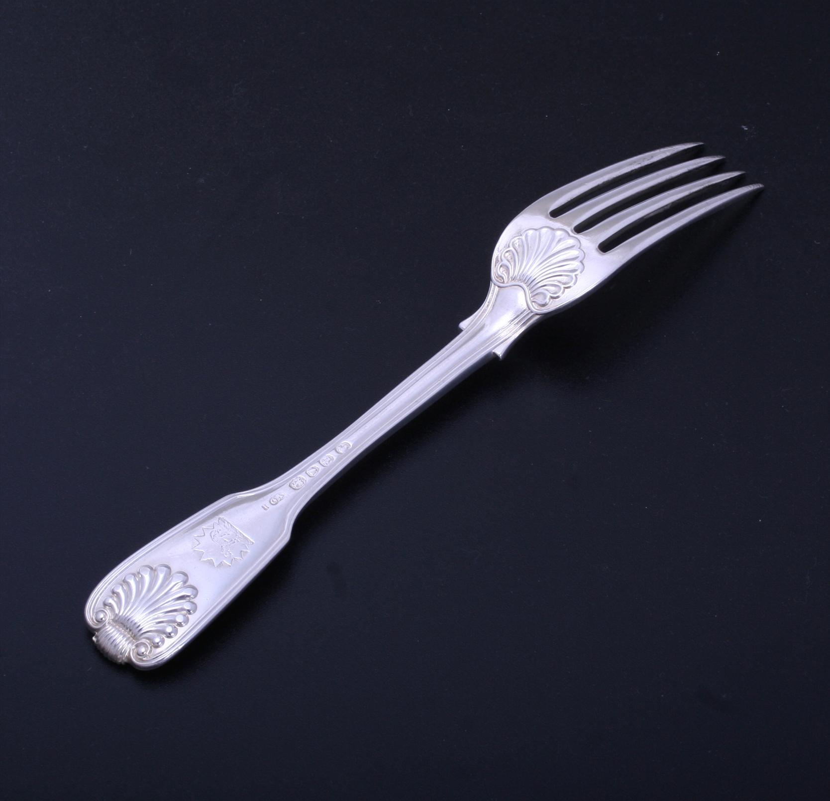 A Victorian sterling silver fiddle, thread and shell table fork ...