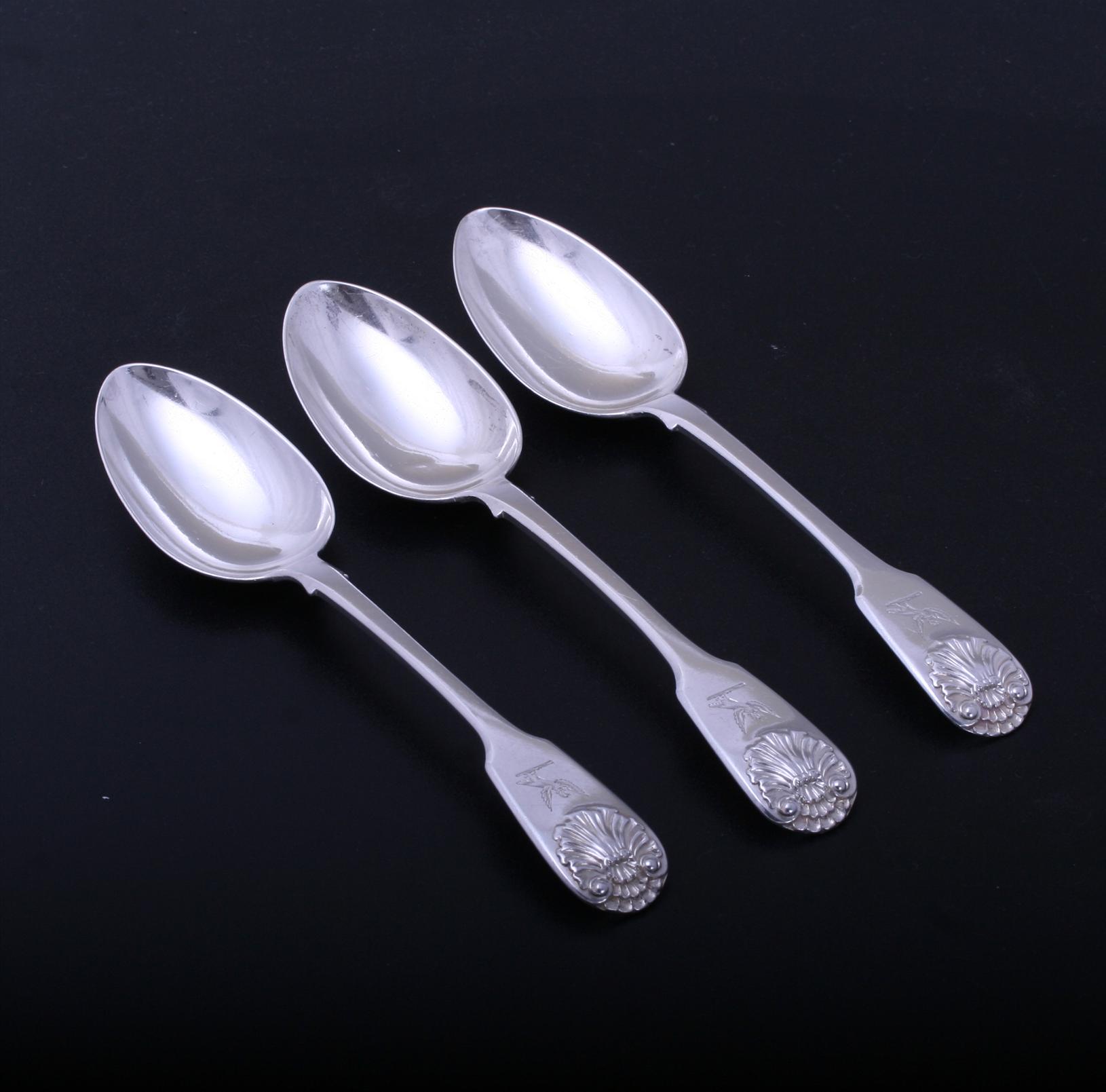 Three William IV sterling silver fiddle and husk pattern dessert spoons ...