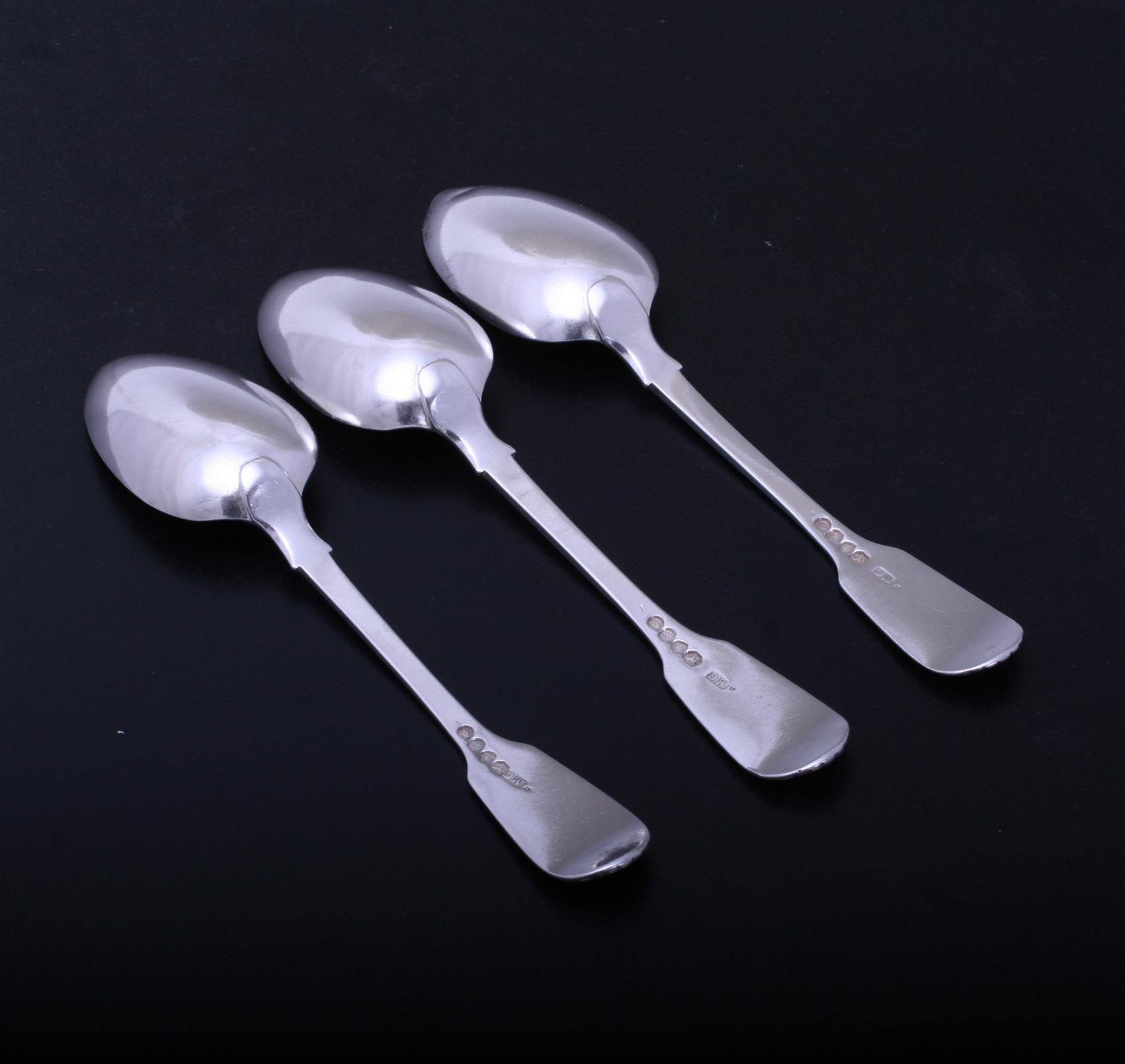 Three William IV sterling silver fiddle and husk pattern dessert spoons ...