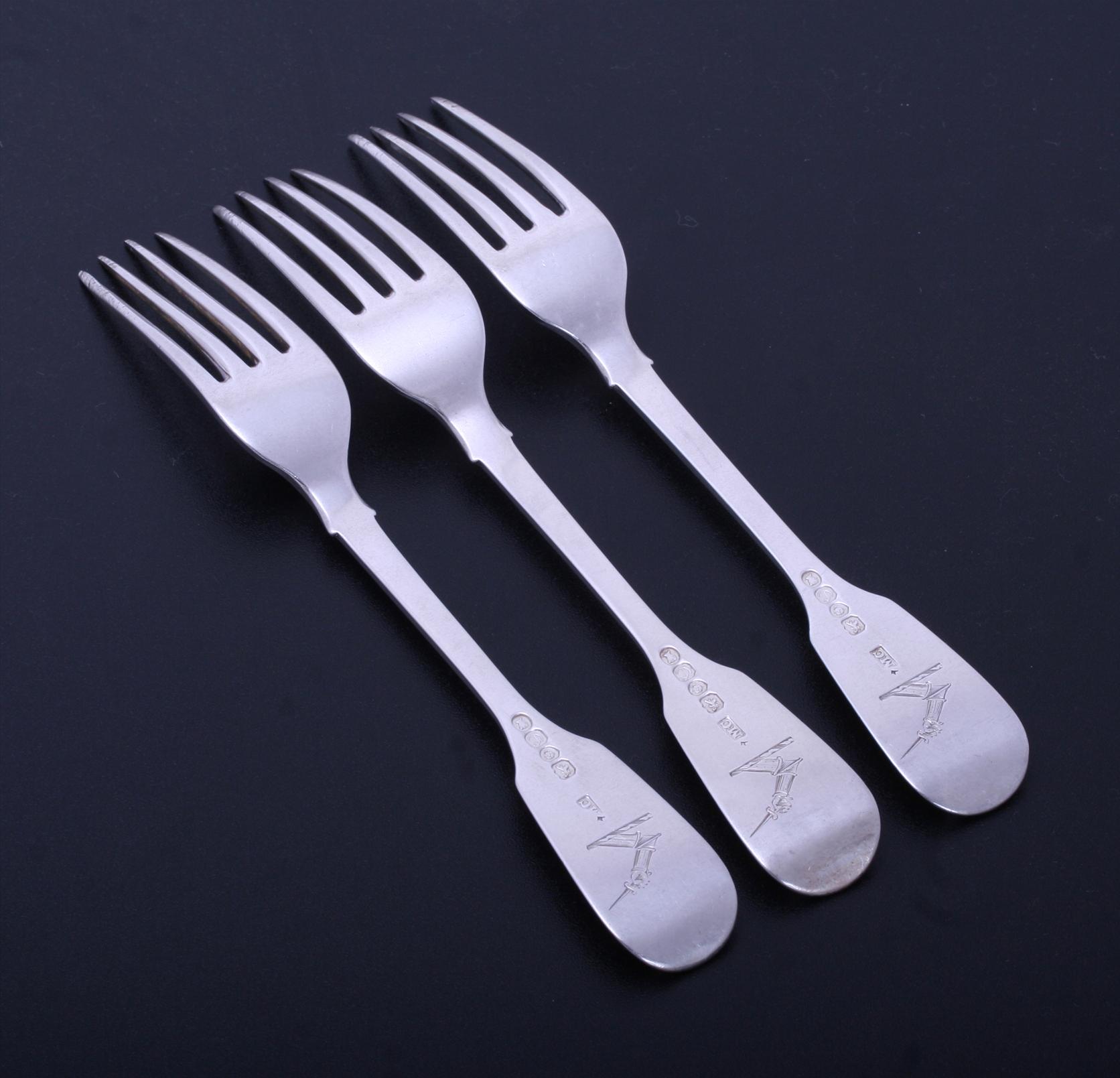 A set of three Victorian sterling silver fiddle pattern dessert forks ...