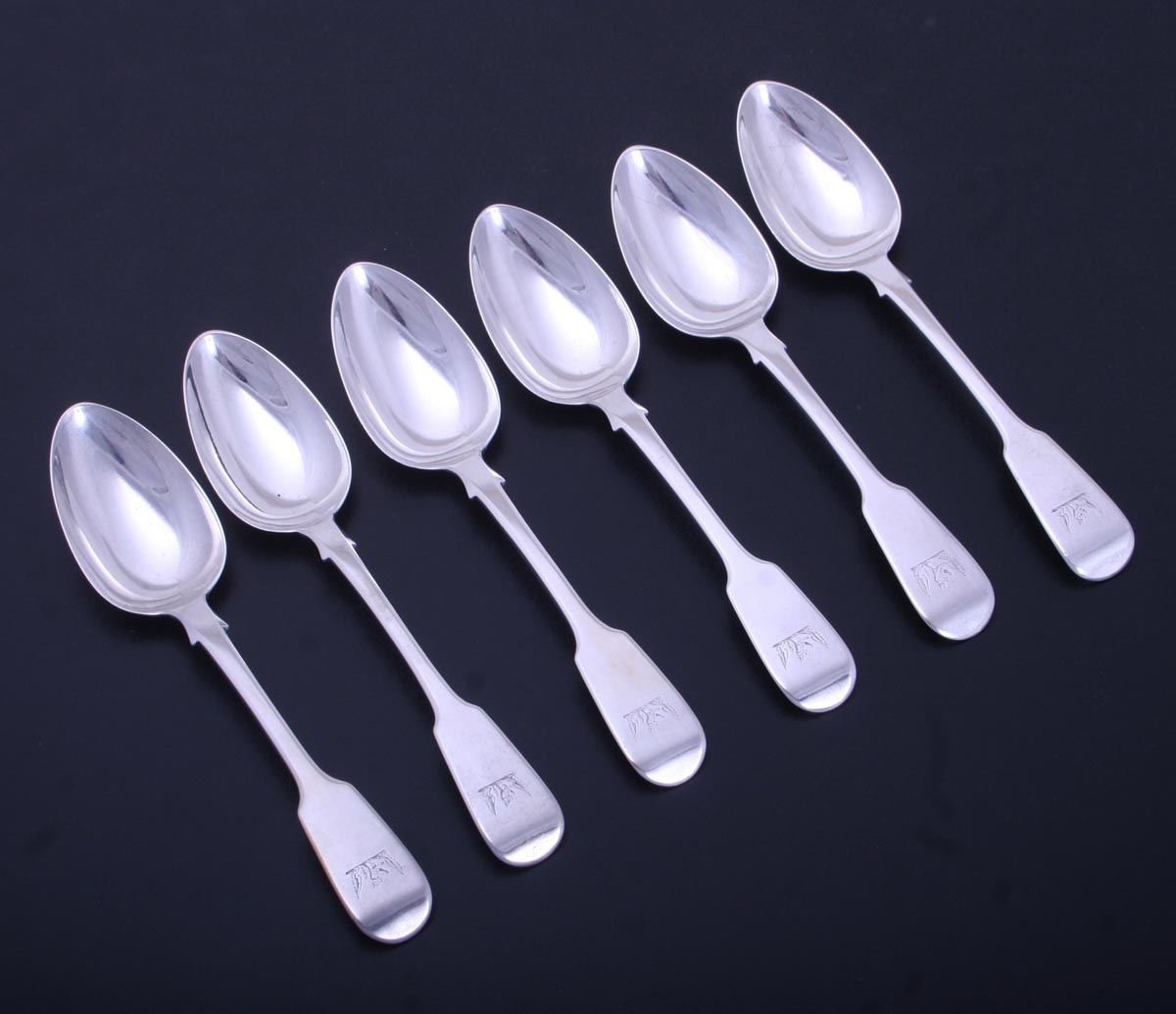 A matched set of six 19th century sterling silver fiddle pattern ...