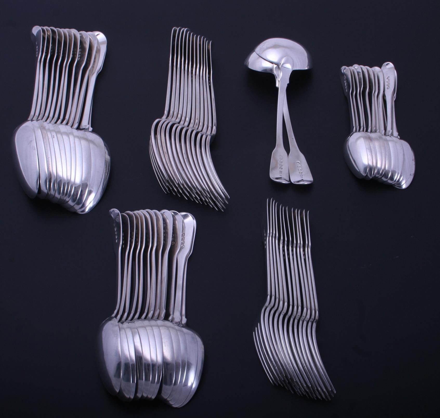 Service of George IV fiddle pattern sterling silver flatware for twelve ...