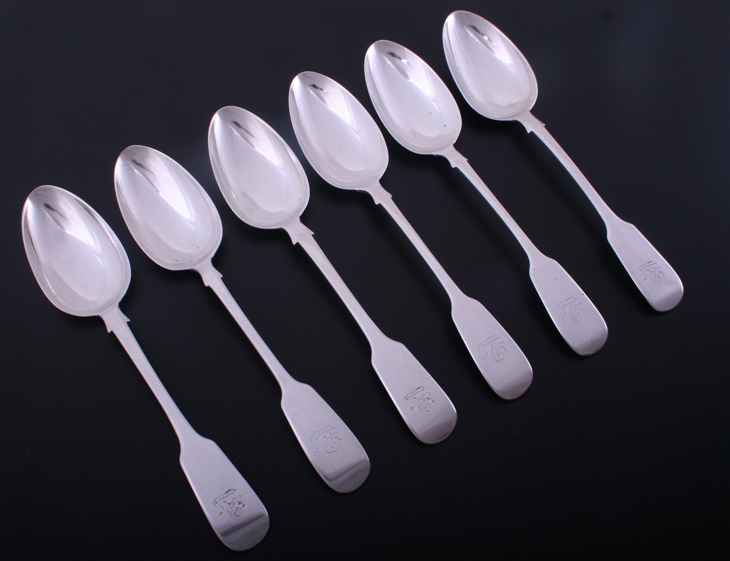 A matched set of six Victorian fiddle pattern sterling silver table ...