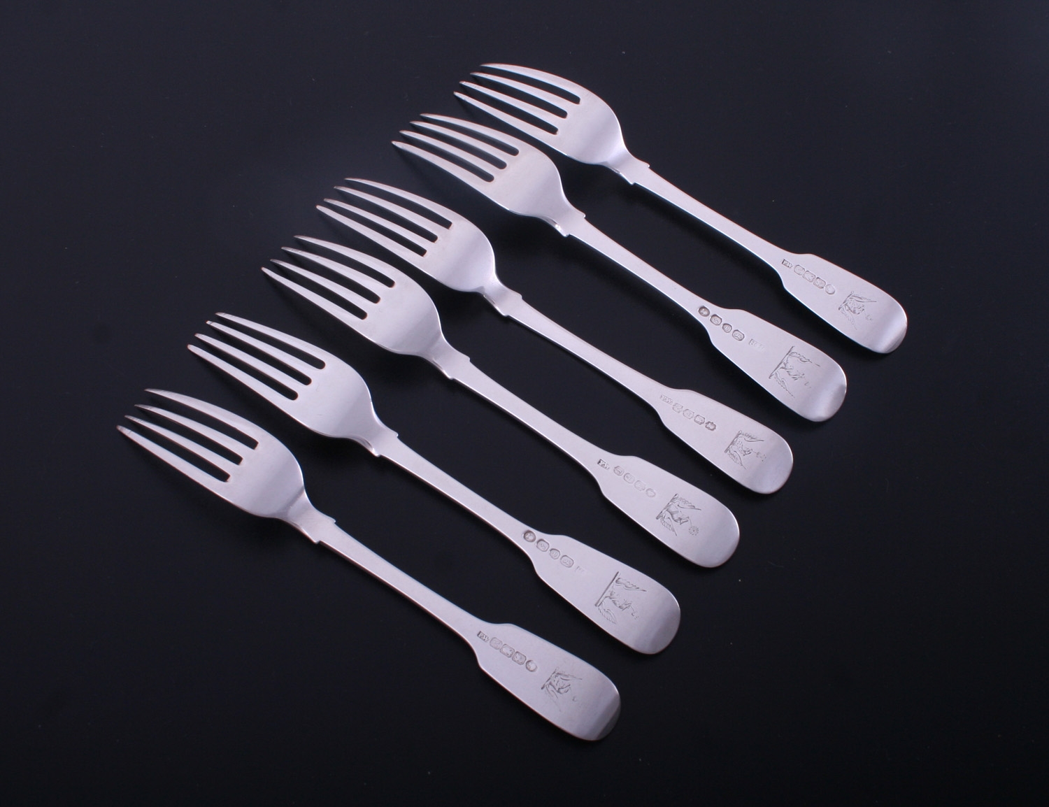 A matched set of Victorian fiddle pattern sterling silver dessert forks ...