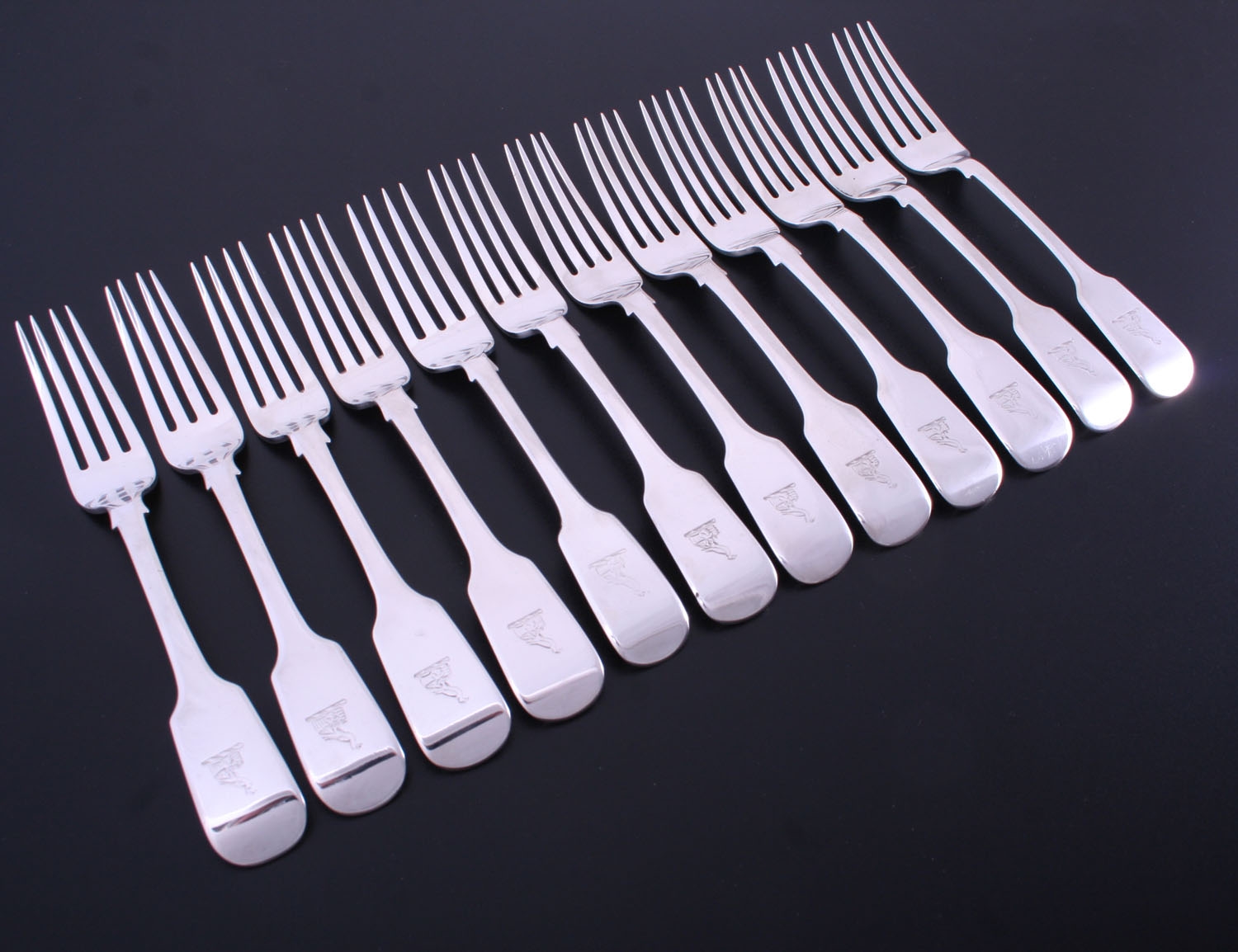 A matched set of William IV and later fiddle pattern sterling silver ...