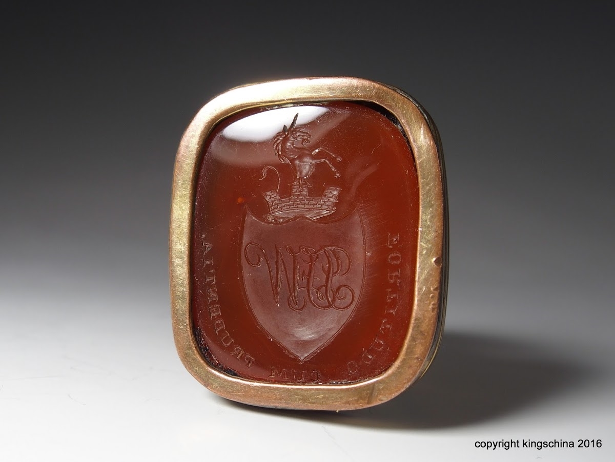 Superb Georgian Carnelian Fob Seal WILKINSON Crest family Coat Arms ...